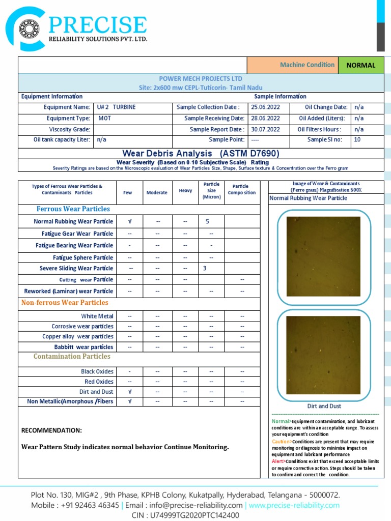 Wear Debris Analysis (ASTM D7690) : Power Mech Projects LTD Site: 2x600 ...