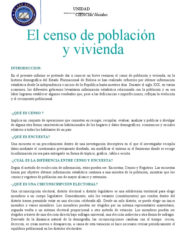 Informe de El Censo de Poblacion y Vivienda | PDF | Distrito electoral | Metodología de encuesta