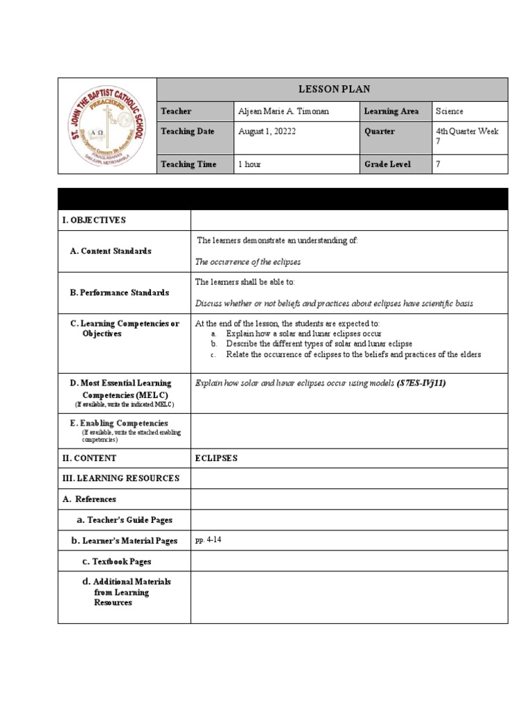 REVISED LESSON PLAN - QUARTER 4 WEEK 7 - ECLIPSES - TIMONAN (Repaired ...