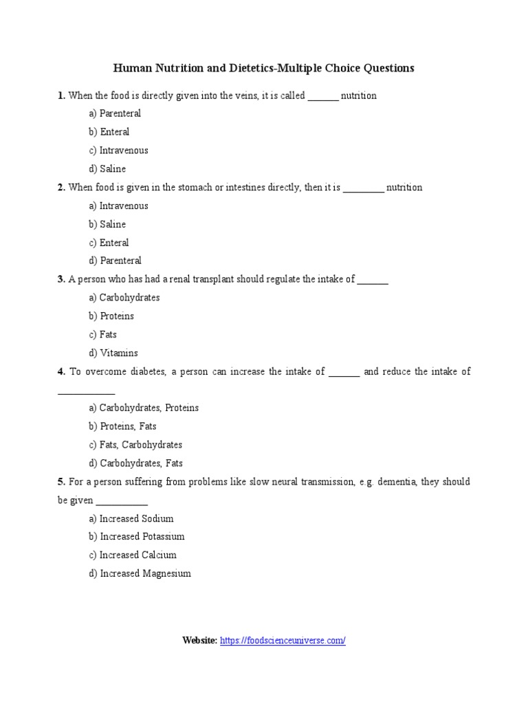 Human Nutrition and Dietetics MCQs With Answers Key | PDF | Vitamin ...