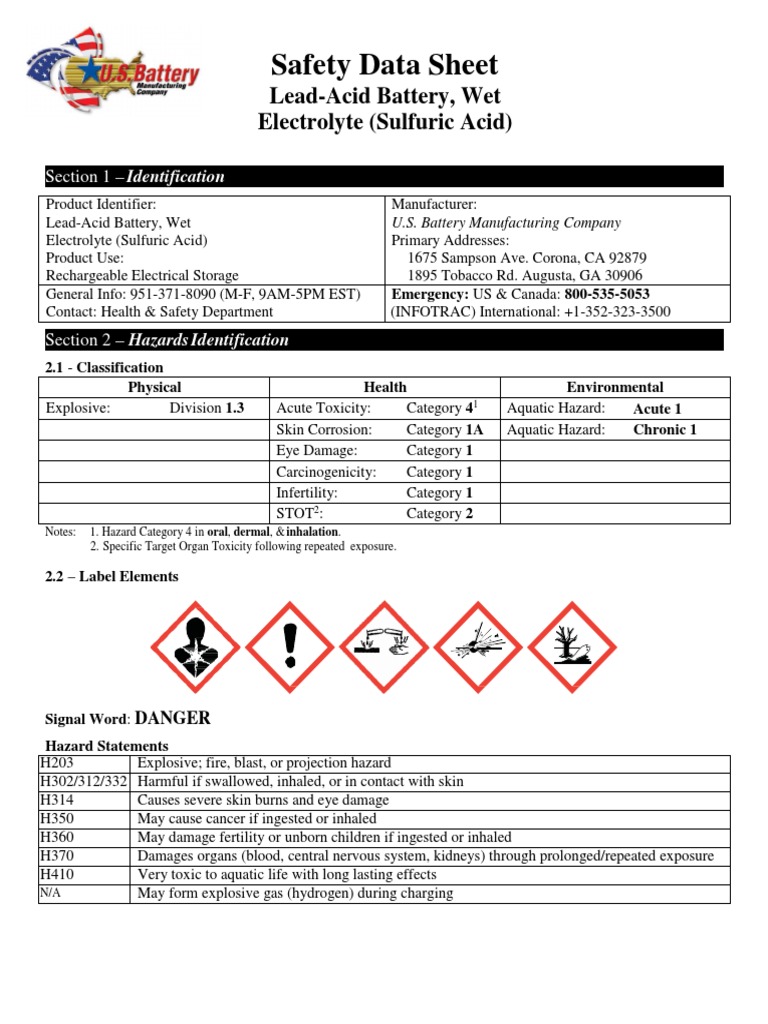 Safety Data Sheet: Lead-Acid Battery, Wet Electrolyte (Sulfuric Acid ...