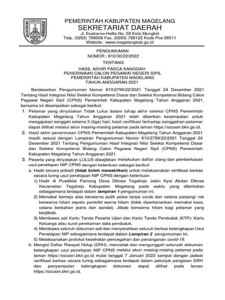 Pengumuman Pasca Sanggah Cpns Dan Pemberkasan 2021 Dan Lampiran | PDF