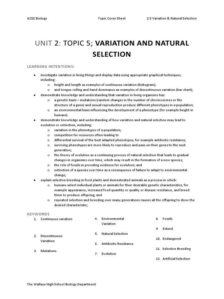 2.5 Variation Selection Cover Sheet | PDF | Evolution | Natural Selection