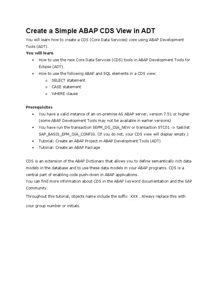 Create A Simple ABAP CDS View in ADT | PDF | Parameter (Computer Programming) | Method (Computer ...