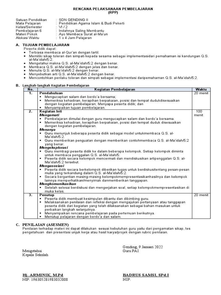 RPP Pai 1 Lembar Kelas 6 SM 2 K13 | PDF