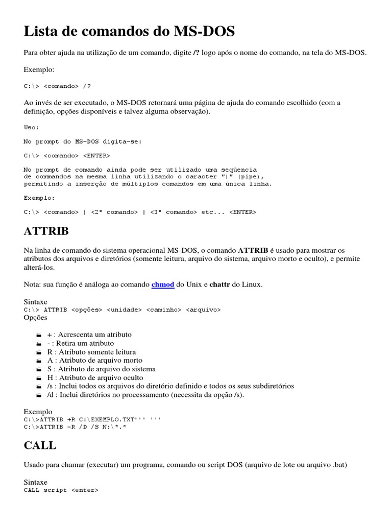 Lista de Comandos Do MS-DOS | PDF | Interface de linha de comando ...