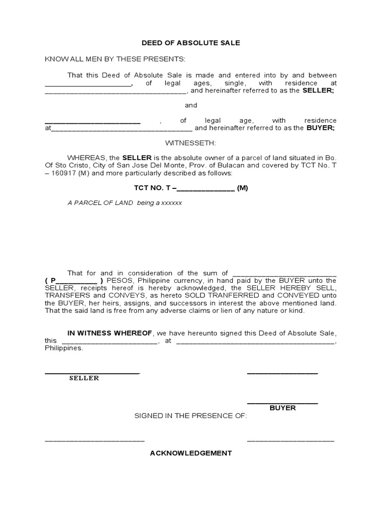 Deed of Absolute Sale Template | PDF | Real Estate | Civil Law (Legal ...