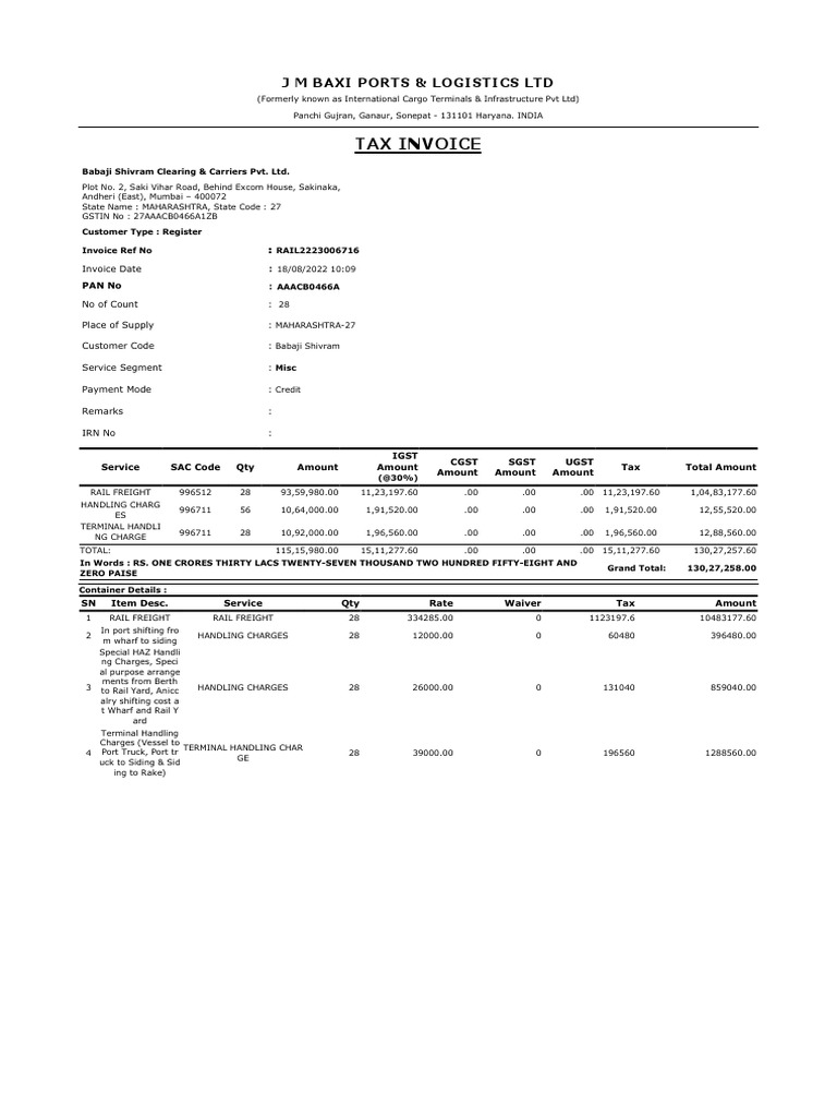 Tax Invoice: J M Baxi Ports & Logistics LTD | PDF | Cargo | Economies