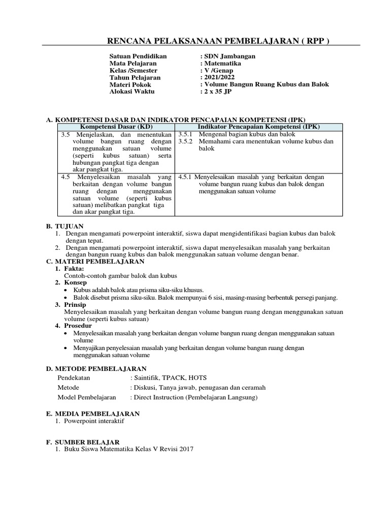 RPP Kelas 5 Matematika Bangun Ruang Kubus Dan Balok | PDF