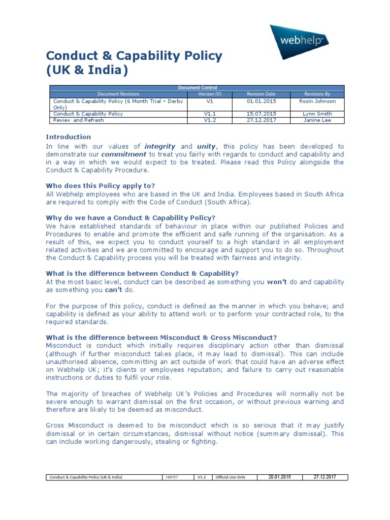 Conduct and Capability Policy Overview | PDF | Employment | Crimes