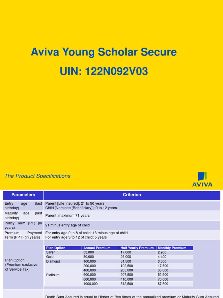 Aviva Young Scholar Secure UIN: 122N092V03 | PDF | Insurance | Present ...