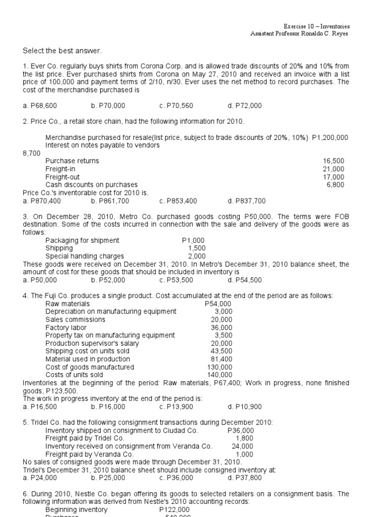 Exercise 10 - Inventories A Final | PDF | Inventory Valuation | Inventory