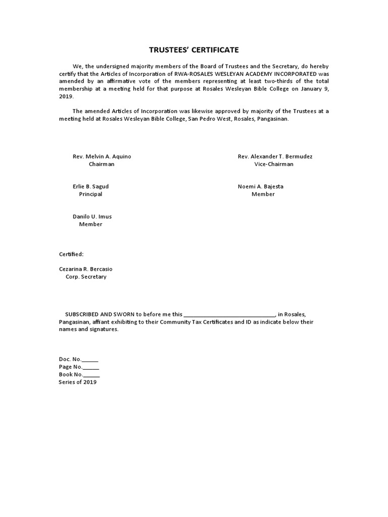 TRUSTEES' Certificate | PDF | Legal Documents | Public Law