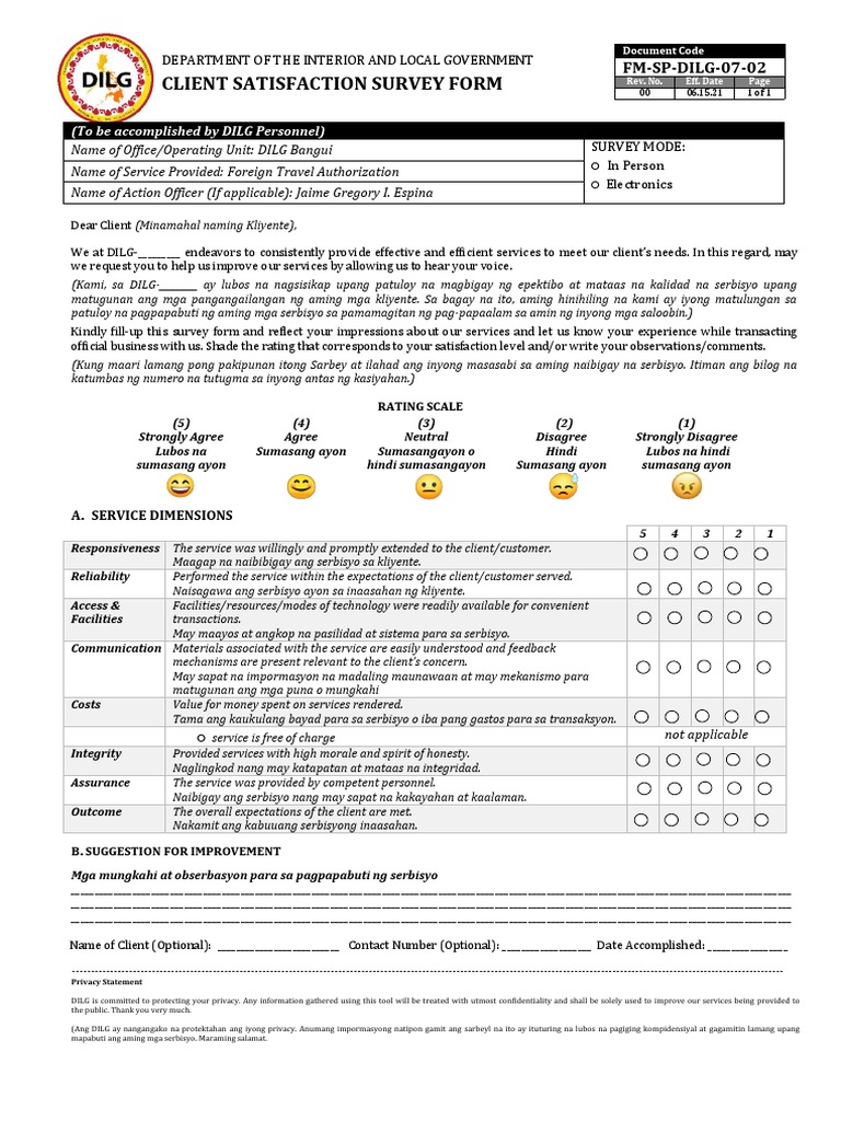 FM-SP-DILG-07-02 Client Satisfaction Survey Form | PDF | Privacy | Business