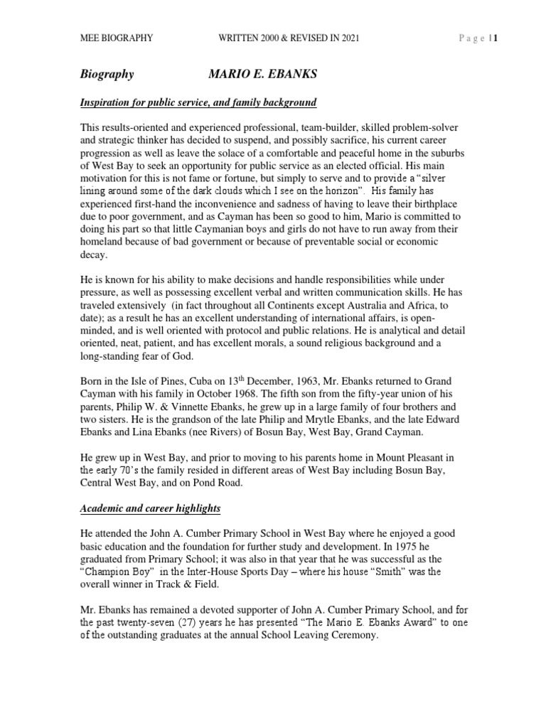 Mario E. Ebanks: Public Service Biography | PDF | Cayman Islands | Business