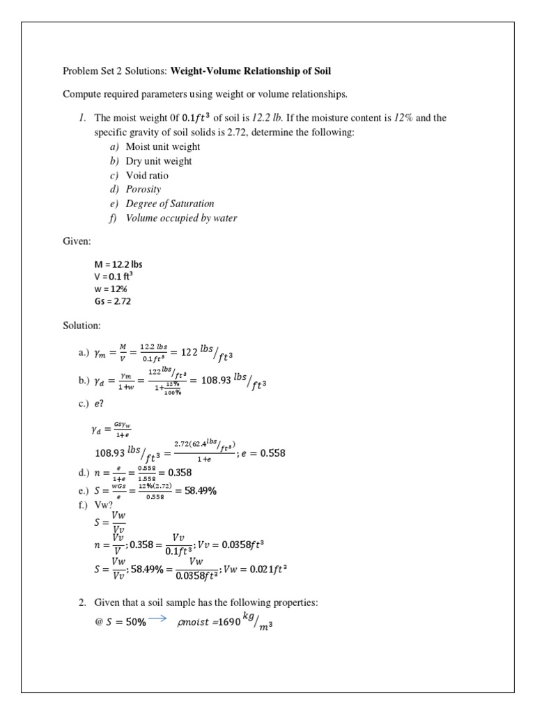 Problem Set 2 Answers - Weight Volume Relationship of Soil | PDF | Physical Sciences | Soil Science