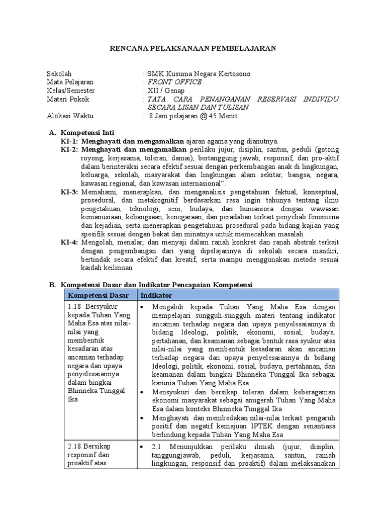 RPP Front Office Kelas Xii Aph | PDF