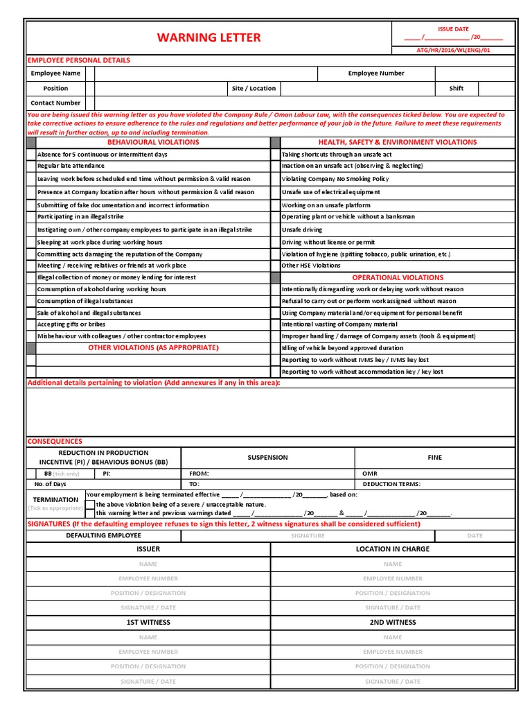 Employee Warning Letter Template | PDF