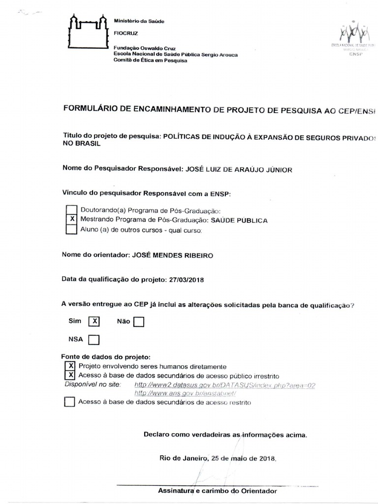 Formulario de Encaminhamento de Projeto Pesquisa Ao CEP ENSP | PDF