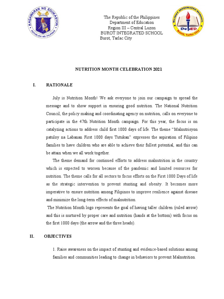 Nutrition Month Celebration 2021 I. Rationale | PDF | Malnutrition ...