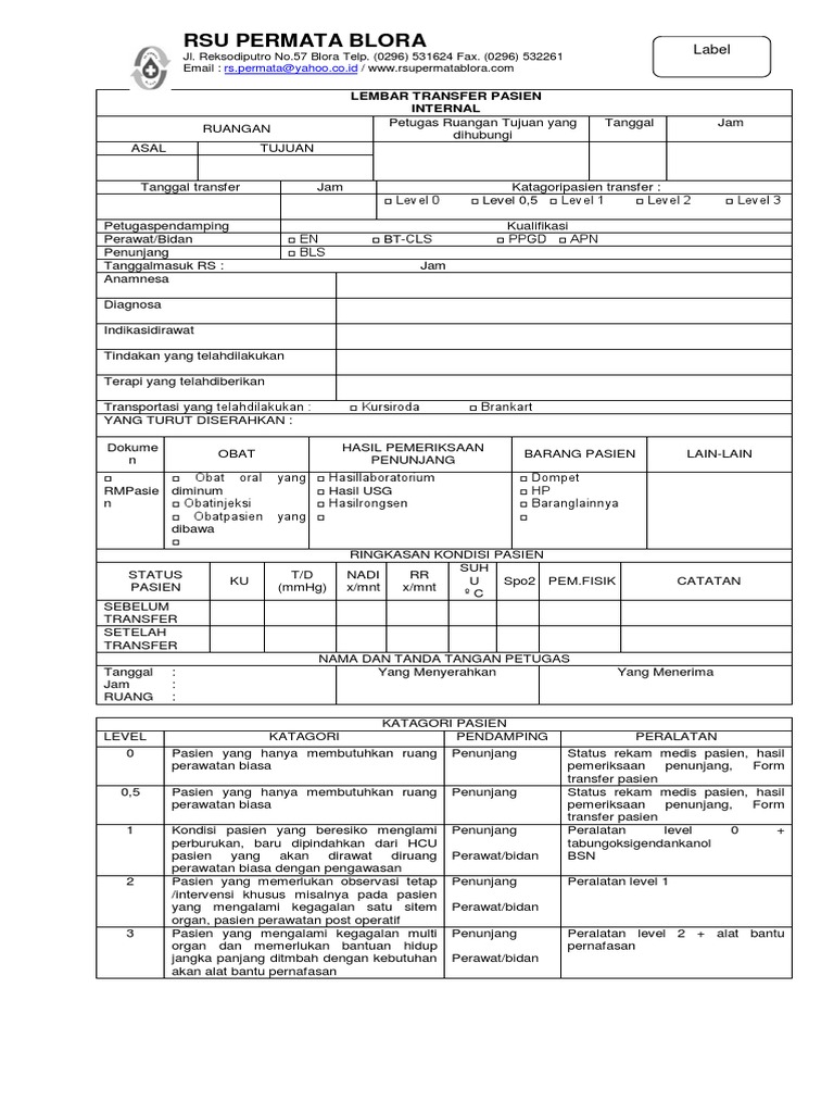Form Transfer Pasien Internal Dan Eksternal | PDF
