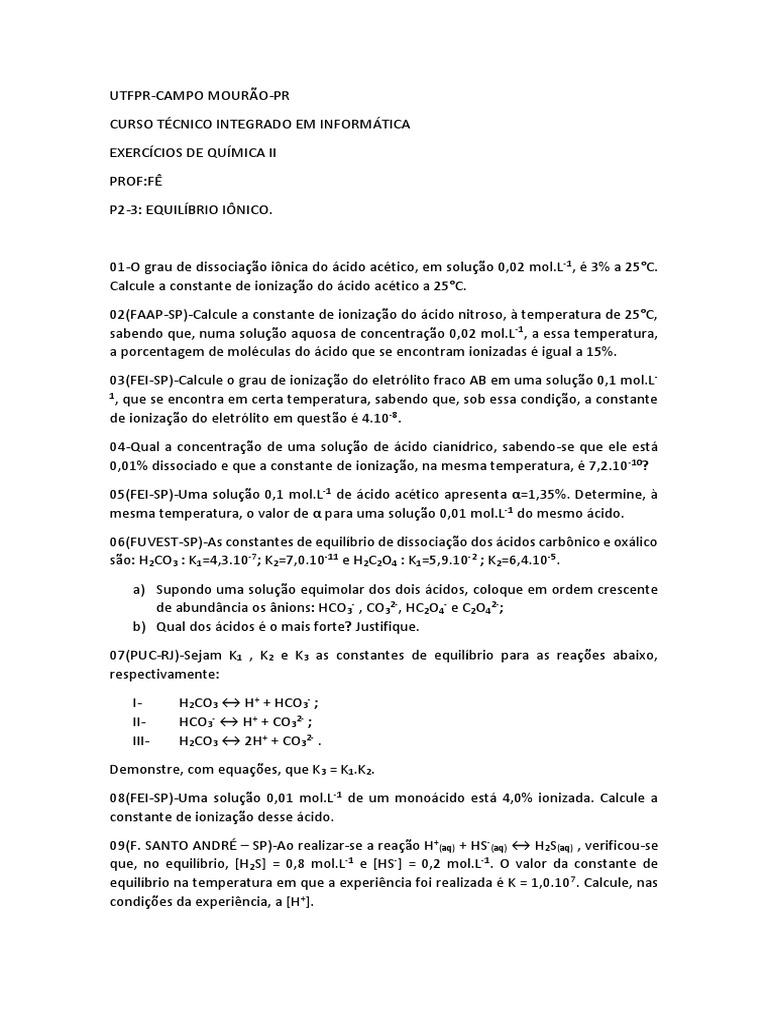 Química II - Lista de Exercícios - P2-3 - Equilíbrio Iônico. | PDF | Ph | Ácido