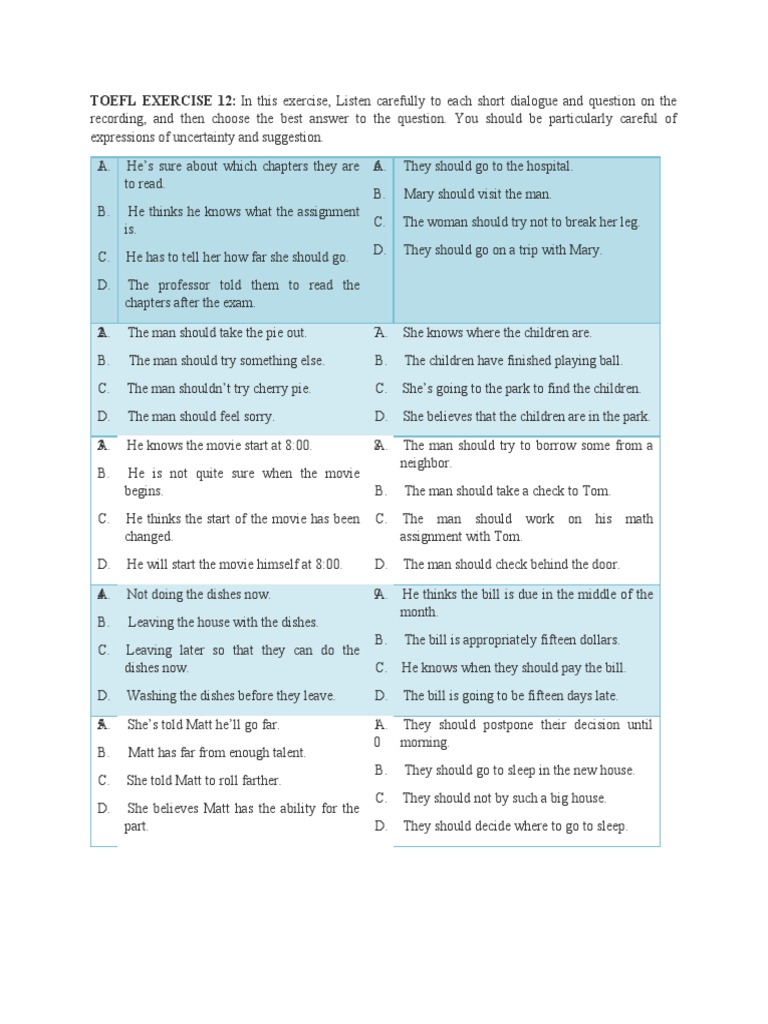 TOEFL EXERCISE 12: in This Exercise, Listen Carefully To Each Short ...