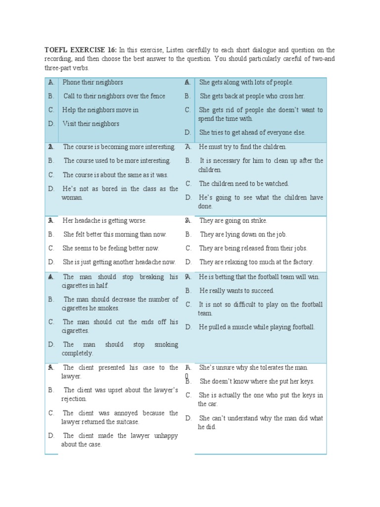 TOEFL EXERCISE 16: in This Exercise, Listen Carefully To Each Short ...
