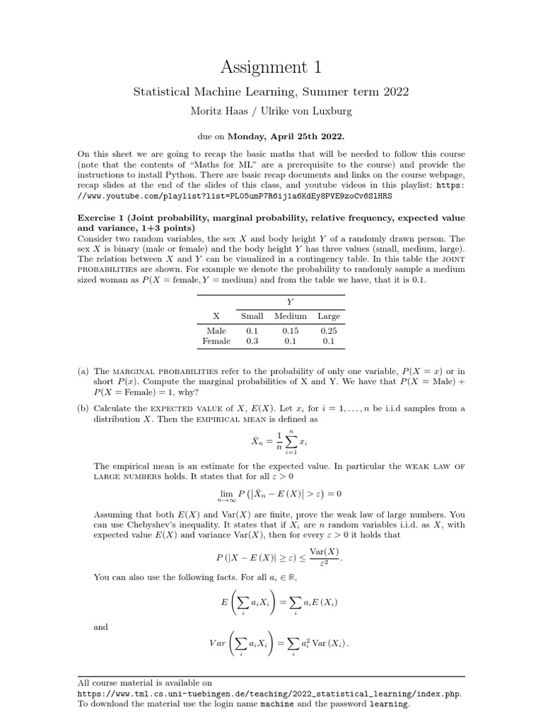 Assignment 1: Statistical Machine Learning, Summer Term 2022 | PDF | Eigenvalues And ...