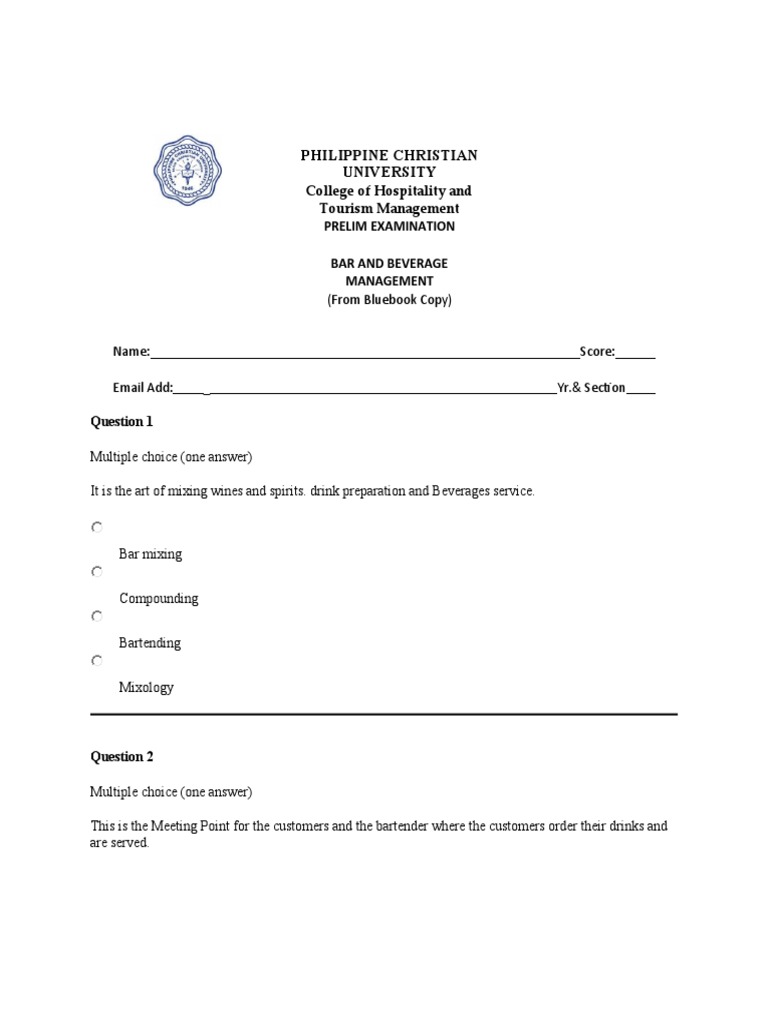 Bar and Beverage Prelim Exam (Bluebook Copy) | PDF | Cocktails | Drink