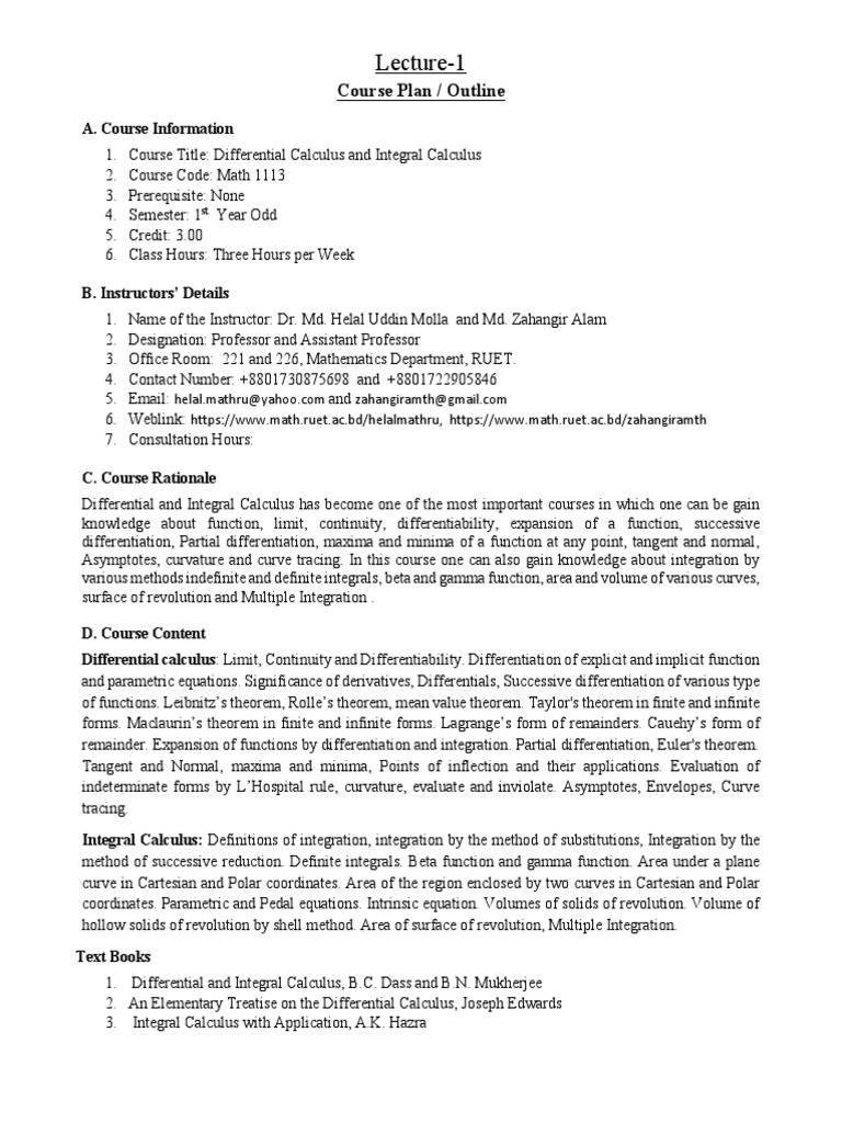 Lecture-1: Course Plan / Outline | PDF | Differential Calculus | Integral