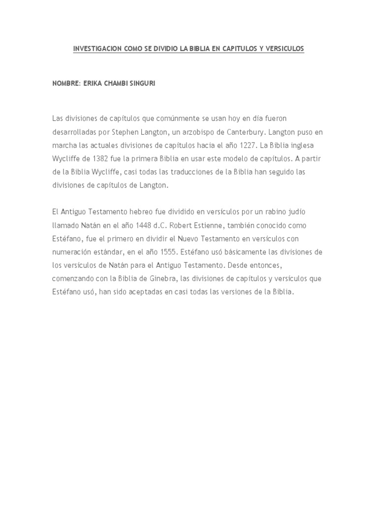 Investigacion Como Se Dividio La Biblia en Capitulos y Versiculos | PDF