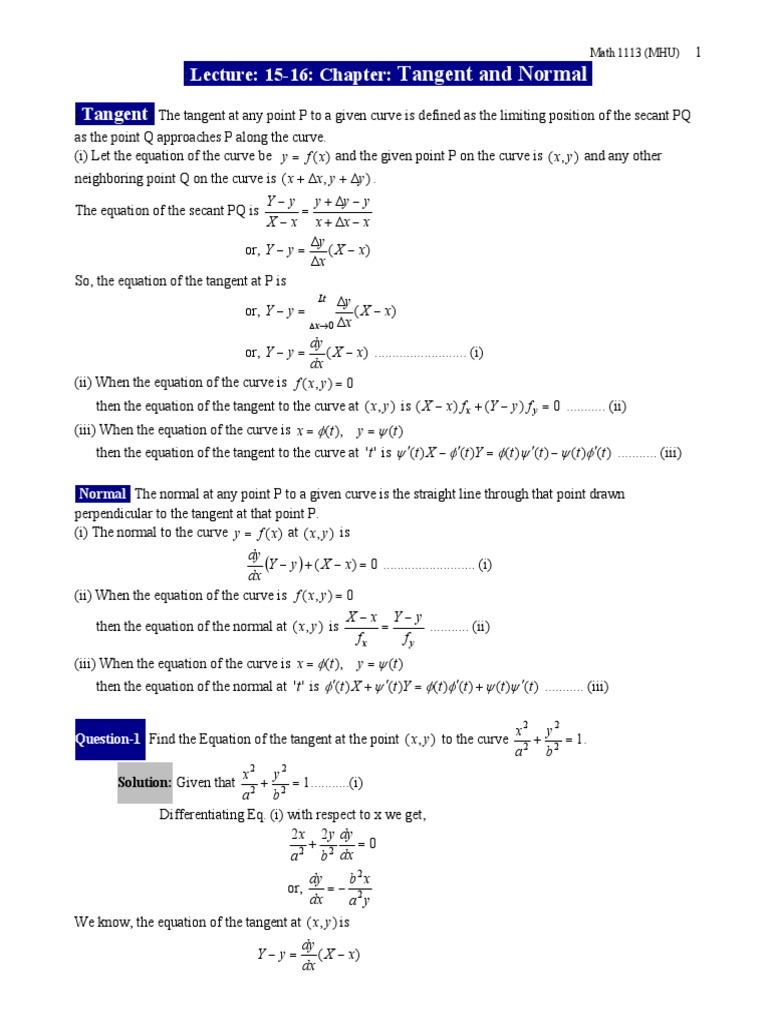 Tangent and Normal | PDF | Tangent | Equations