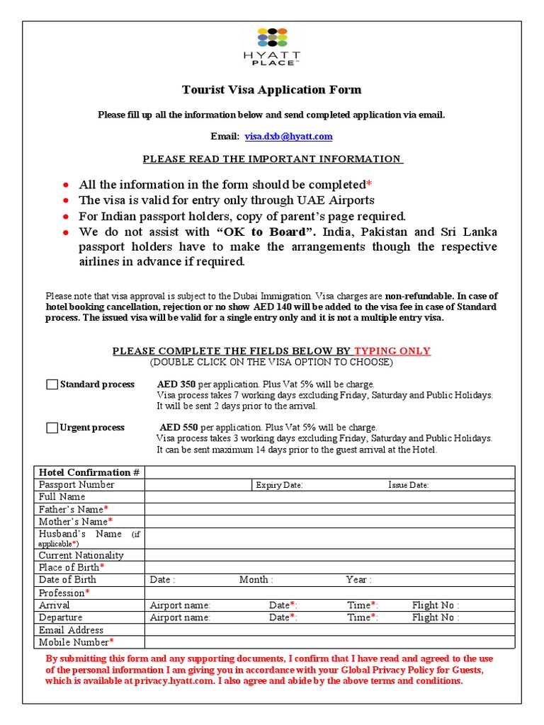 Hyatt Place Visa Application Form | PDF | Travel Visa | Passport