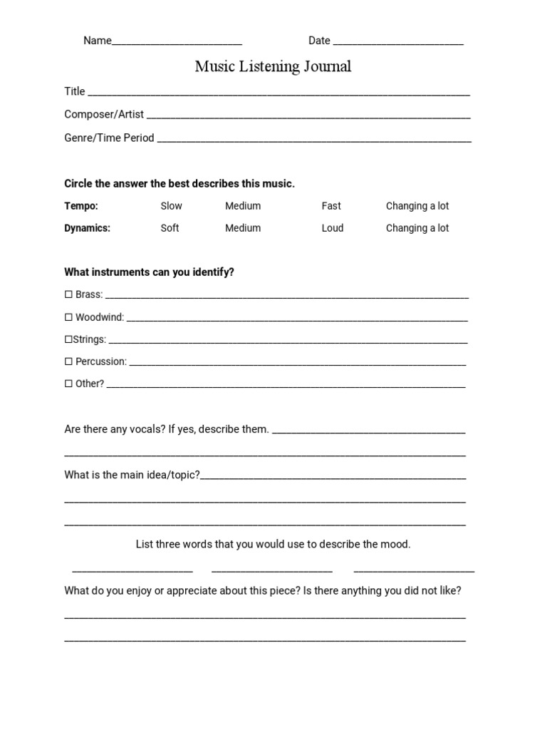 Music Listening Journal: Circle The Answer The Best Describes This ...
