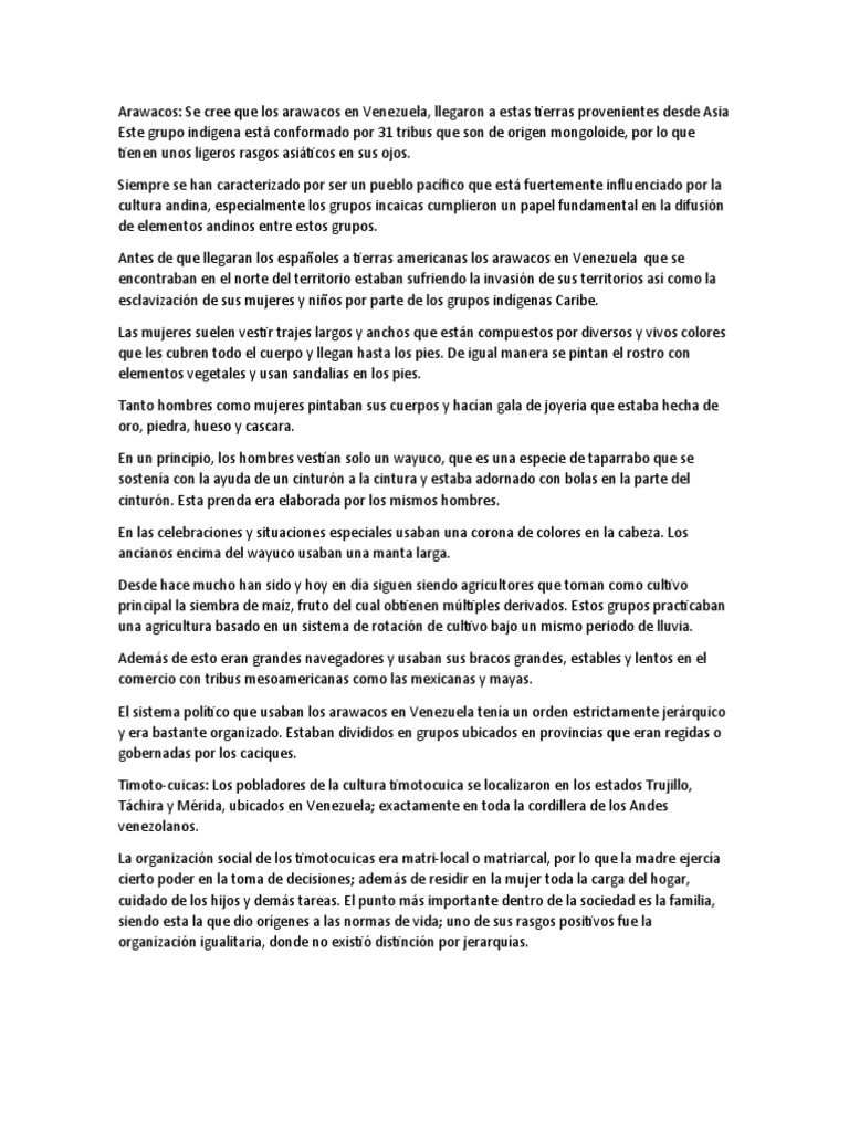 La historia y cultura de los pueblos indígenas arawacos y timotocuicas ...