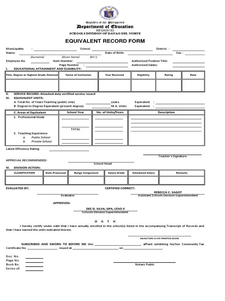 Equivalent Record Form: Department of Education | PDF