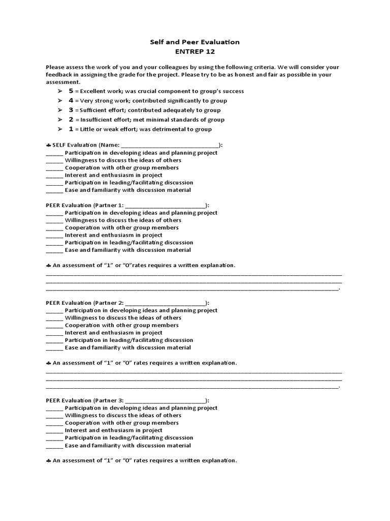 TEMPLATE - Self and Peer Evaluation of Group Project | PDF | Evaluation | Cognition