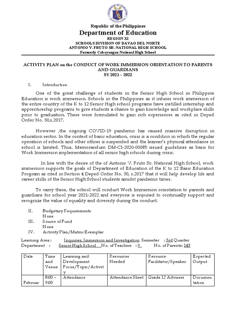 Work Immersion Orientation Activity Plan for Parents and Guardians of Antonio V. Fruto Sr ...