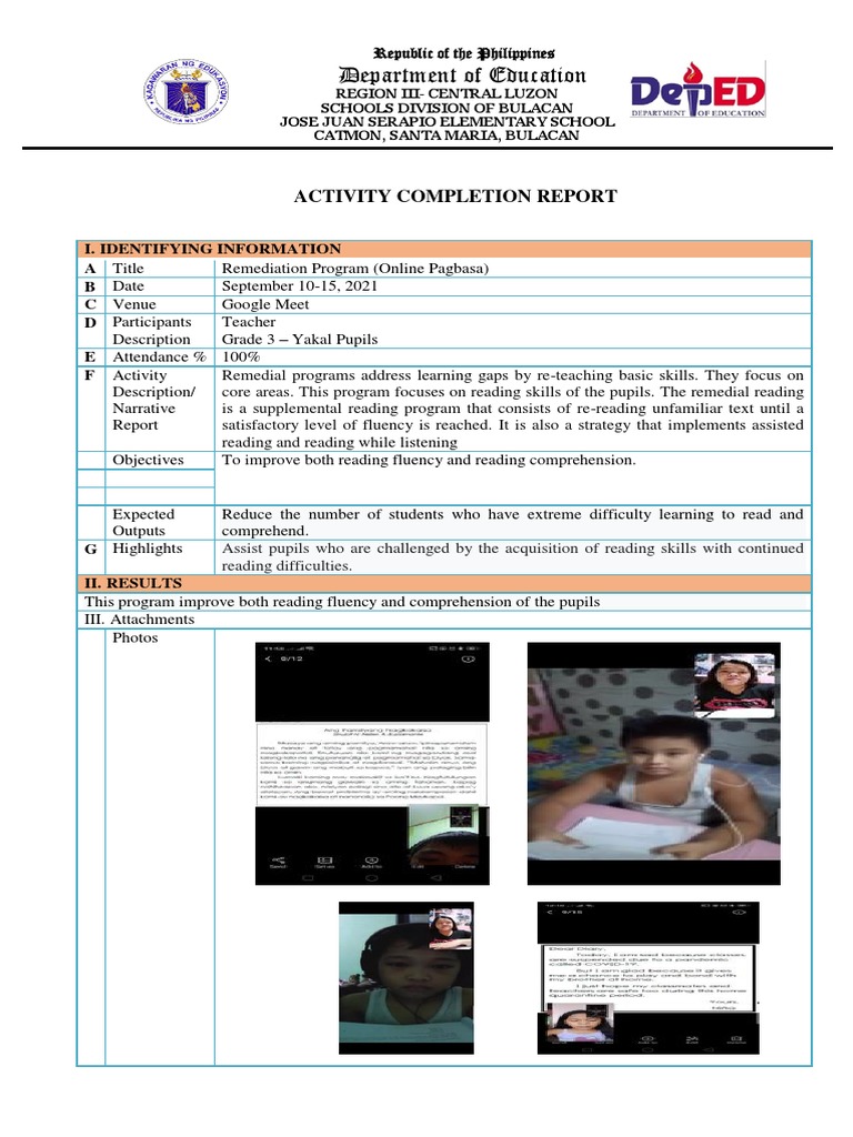 Department of Education: Activity Completion Report | PDF | Wellness