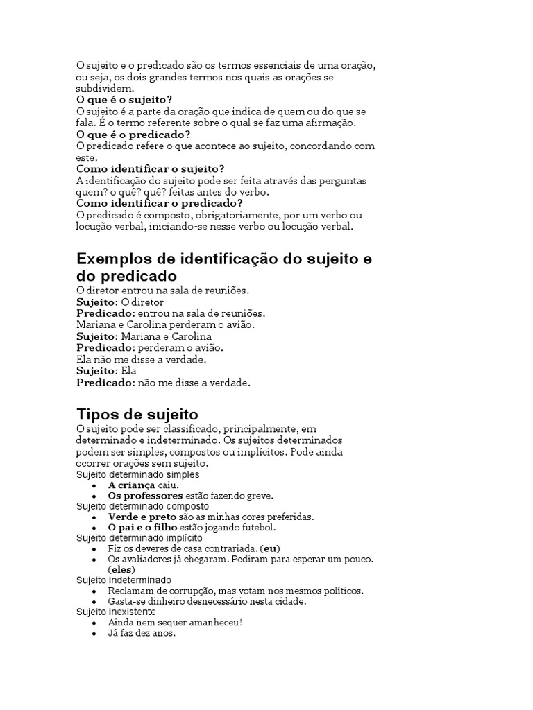 Sujeito e Predicado | PDF | Assunto (gramática) | Predicado (gramática)