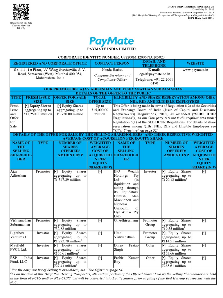 Paymate India Limited Ipo Draft Red Herring Prospectus | PDF | Stocks ...