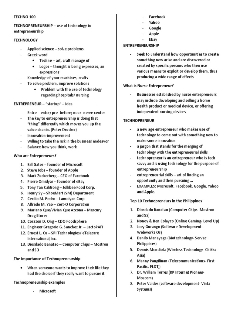 Techno 100 Pdf Entrepreneurship Innovation