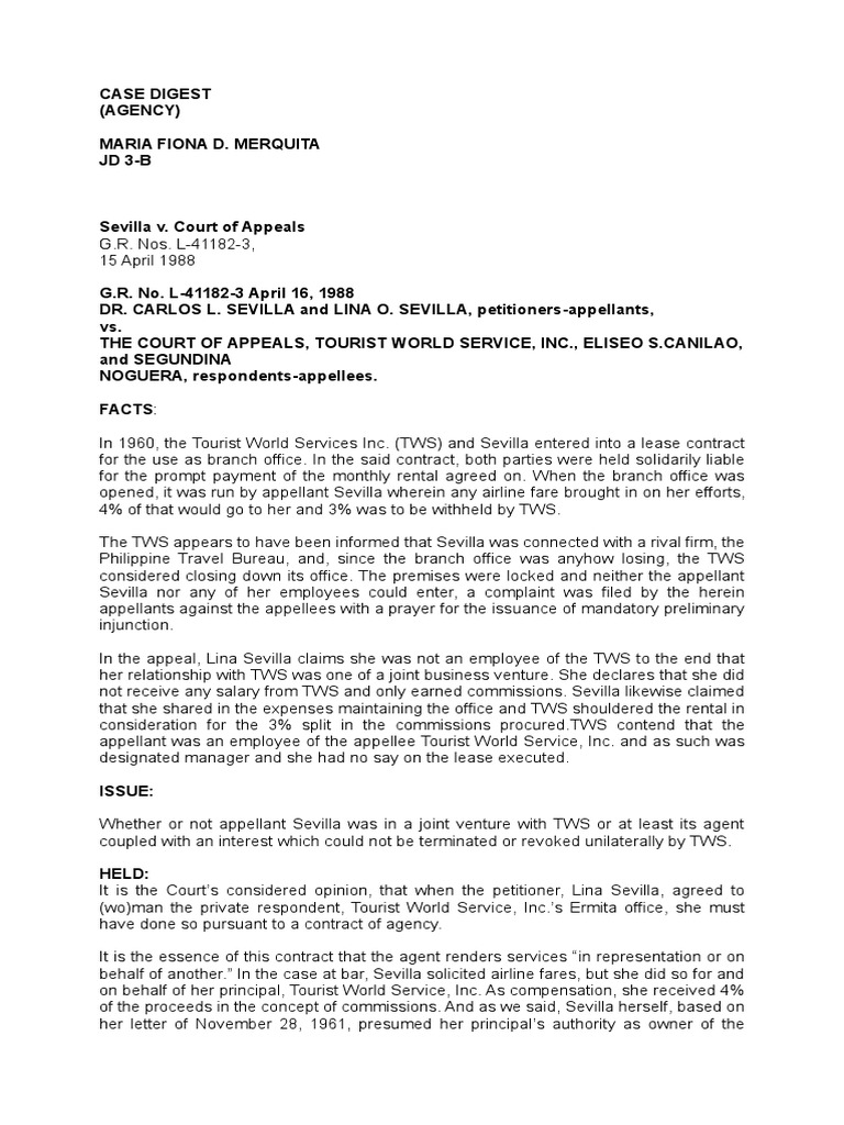 Agency - Sevilla vs. CA 160 SCRA 171 | PDF | Justice | Crime & Violence