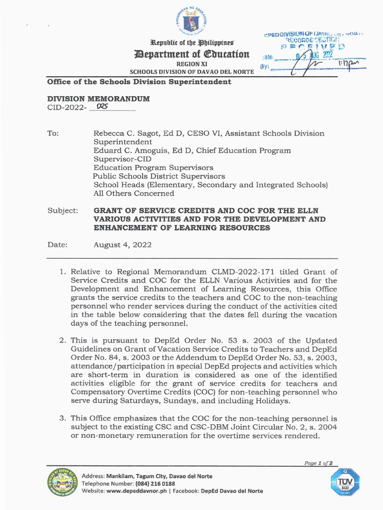 DM Cid 2022 005 Grant of Service Credits and Coc For The Elln Various ...