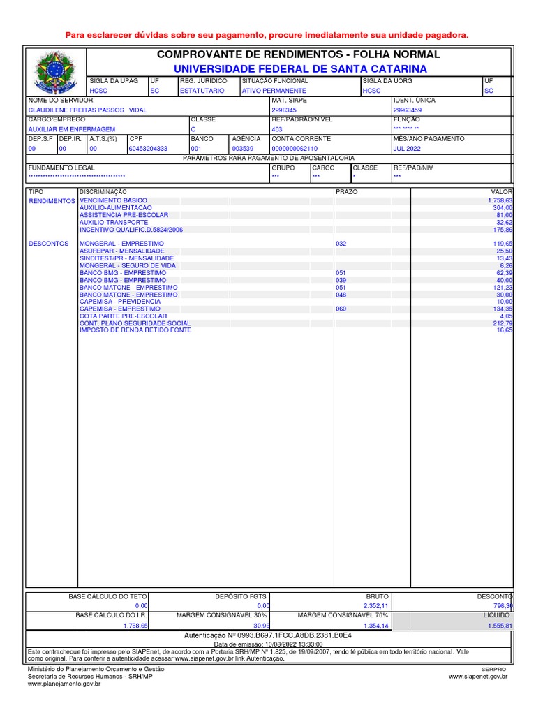 Universidade Federal de Santa Catarina: Comprovante de Rendimentos ...
