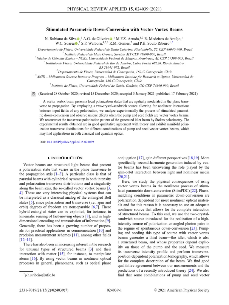 Stimulated Parametric Down-Conversion With Vector Vortex Beams | PDF ...