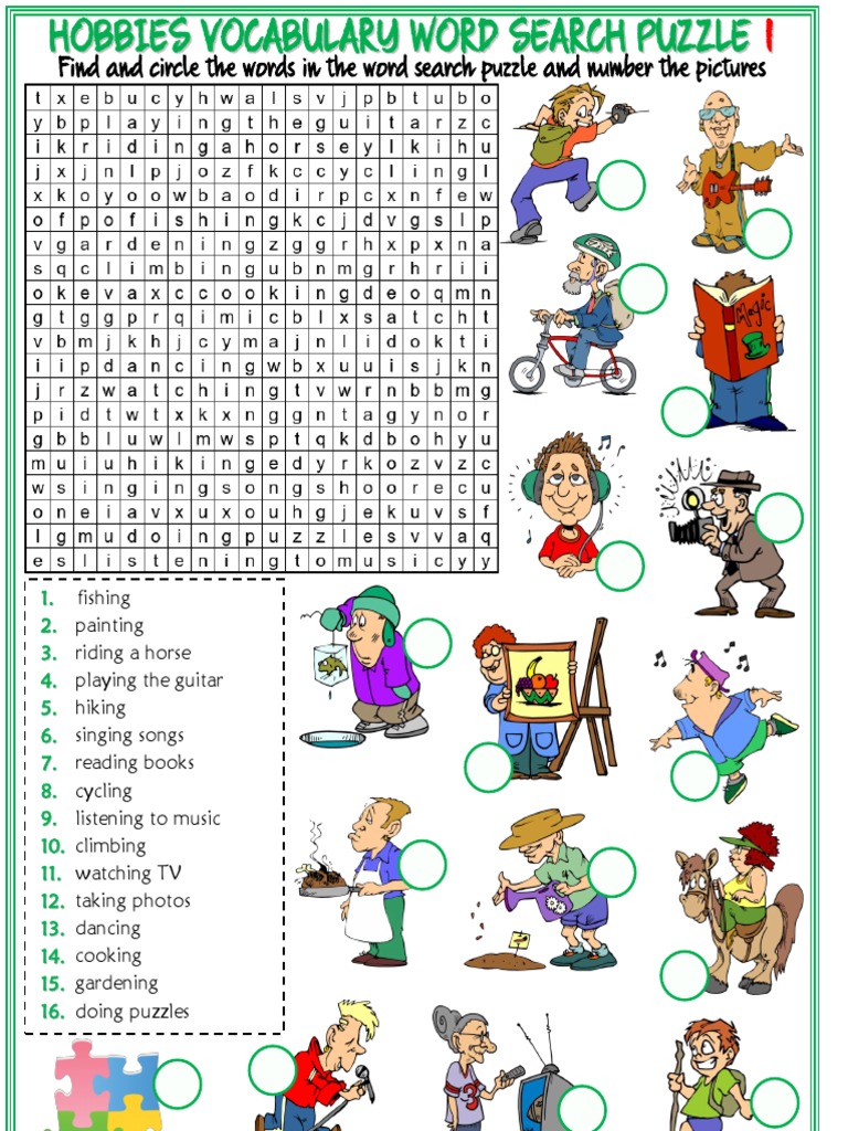 1 Hobbies Vocabulary Esl Word Search Puzzle Worksheets For Kids | PDF ...