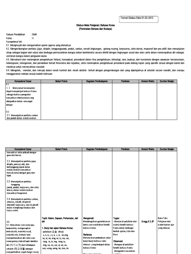 (Bhs Korea) Silabus Bahasa Korea Kls X | PDF
