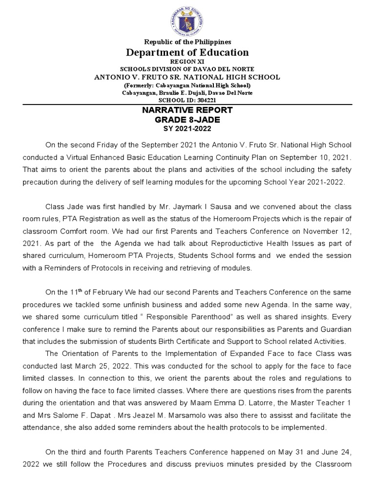 Narrative Report Donna 2021 2022 | PDF | Behavior Modification | Learning